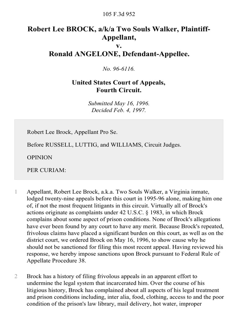Robert Lee Brock, A/K/A Two Souls Walker v. Ronald Angelone, 105 F.3d ...