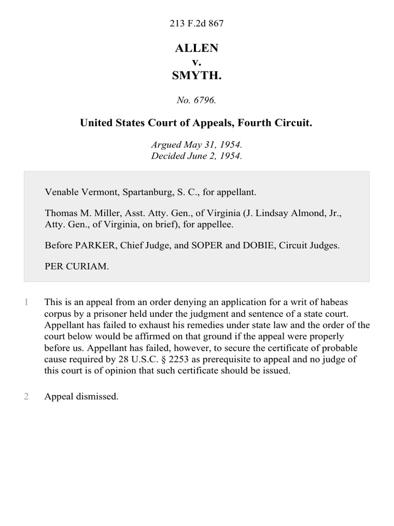 Allen v. Smyth, 213 F.2d 867, 4th Cir. (1954) | PDF