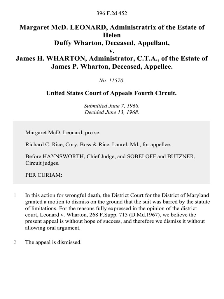 Margaret McD Leonard, Administratrix of the Estate of Helen Duffy ...