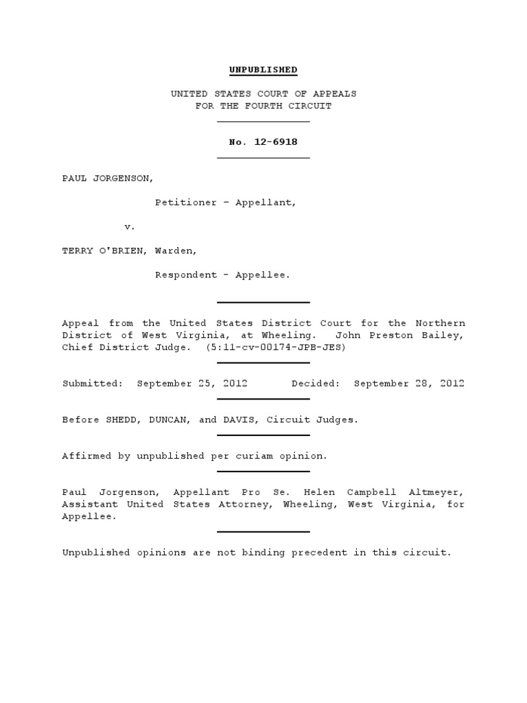 Paul Jorgenson v. Terry O'Brien, 4th Cir. (2012) | PDF