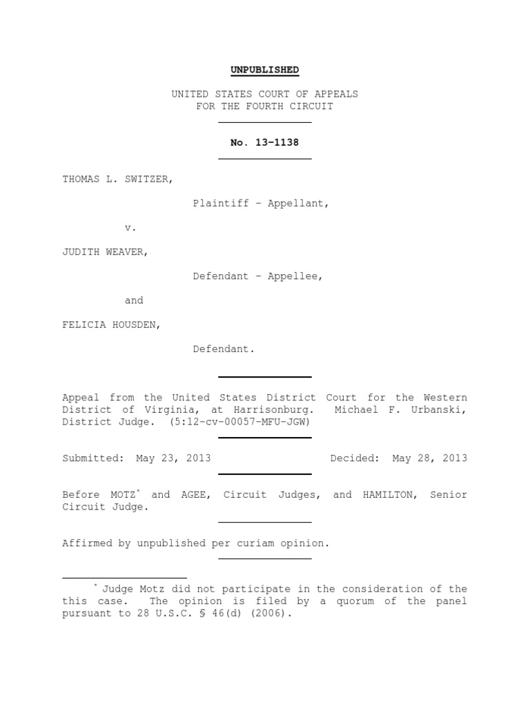 Thomas Switzer v. Judith Weaver, 4th Cir. (2013) | PDF
