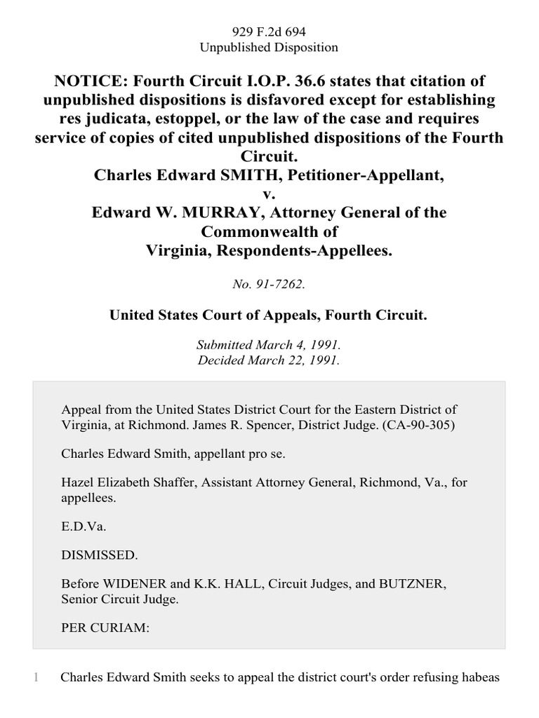 Charles Edward Smith v. Edward W. Murray, Attorney General of The ...