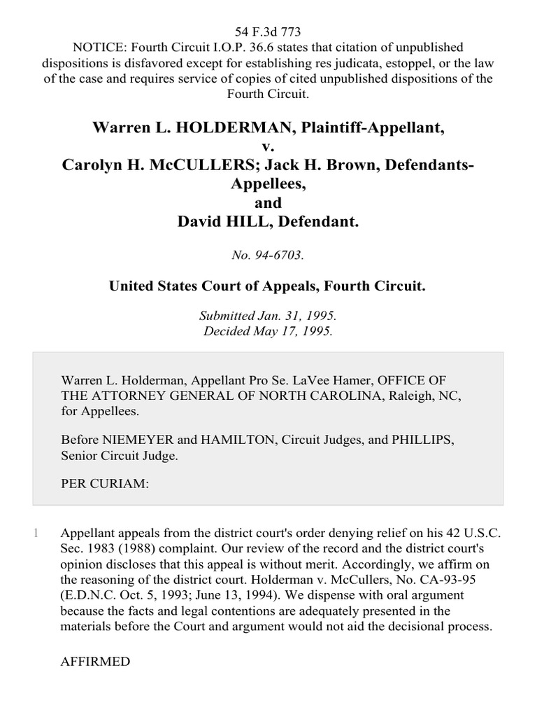 Warren L. Holderman v. Carolyn H. McCullers Jack H. Brown, and David ...