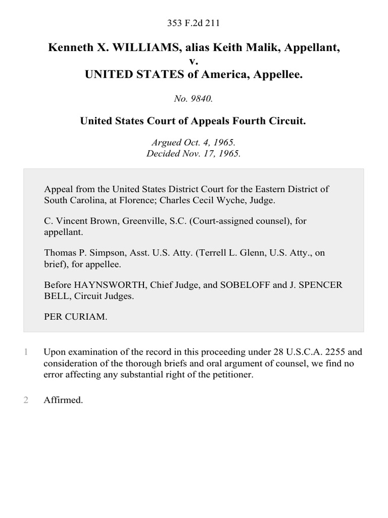 Kenneth X. Williams, Alias Keith Malik v. United States, 353 F.2d 211 ...