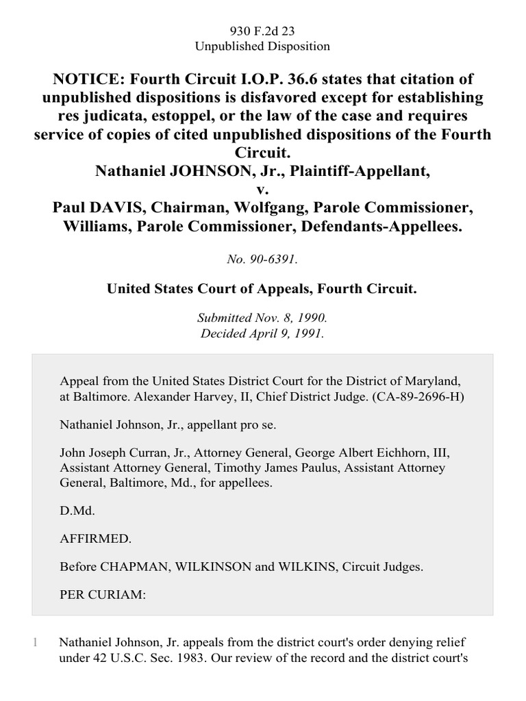 Nathaniel Johnson, Jr. v. Paul Davis, Chairman, Wolfgang, Parole ...