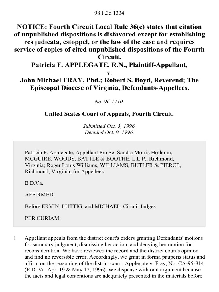 Patricia F. Applegate, R.N. v. John Michael Fray, Phd. Robert S. Boyd ...