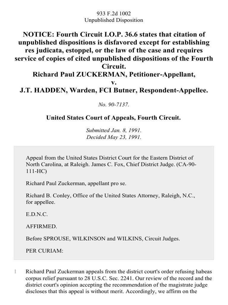 Richard Paul Zuckerman v. J.T. Hadden, Warden, Fci Butner, 933 F.2d ...