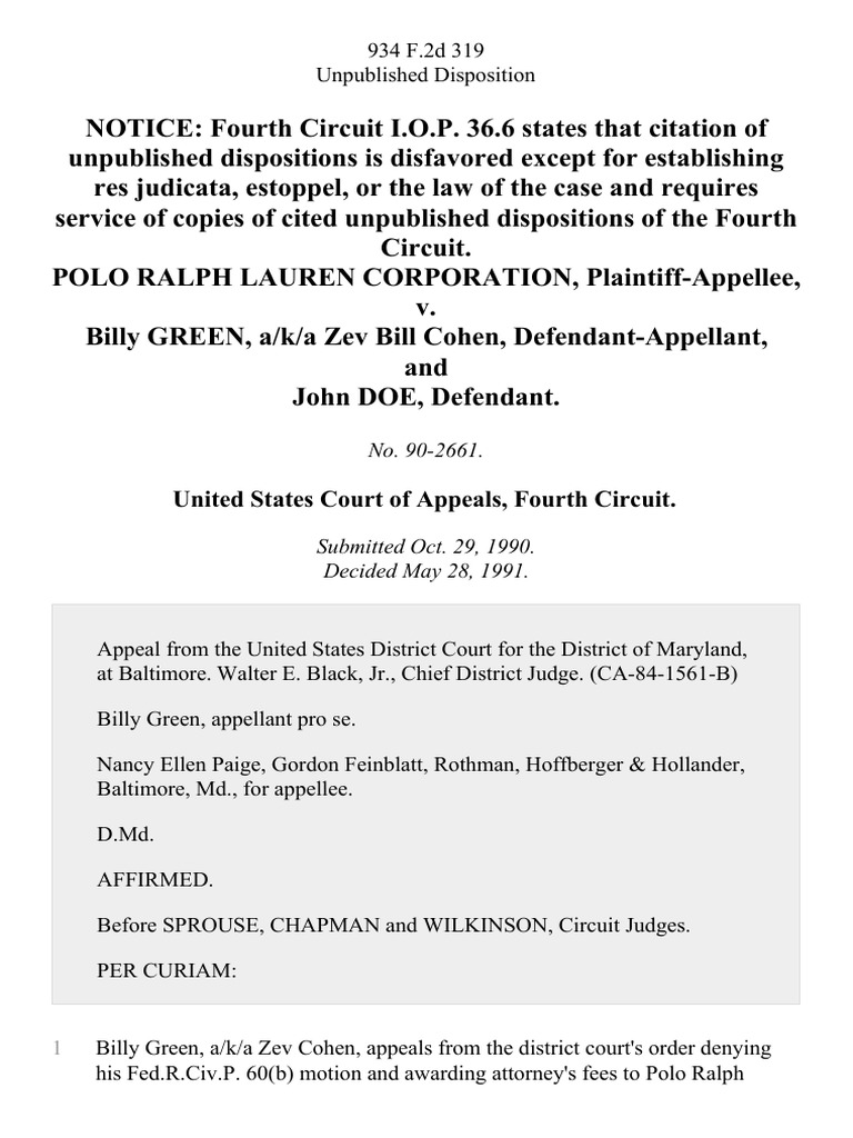 Polo Ralph Lauren Corporation v. Billy Green, A/K/A Zev Bill Cohen, and John Doe, 934 F.2d 319 ...
