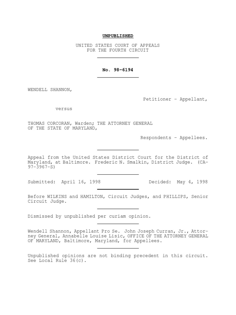 Shannon v. Corcoran, 4th Cir. (1998) | PDF