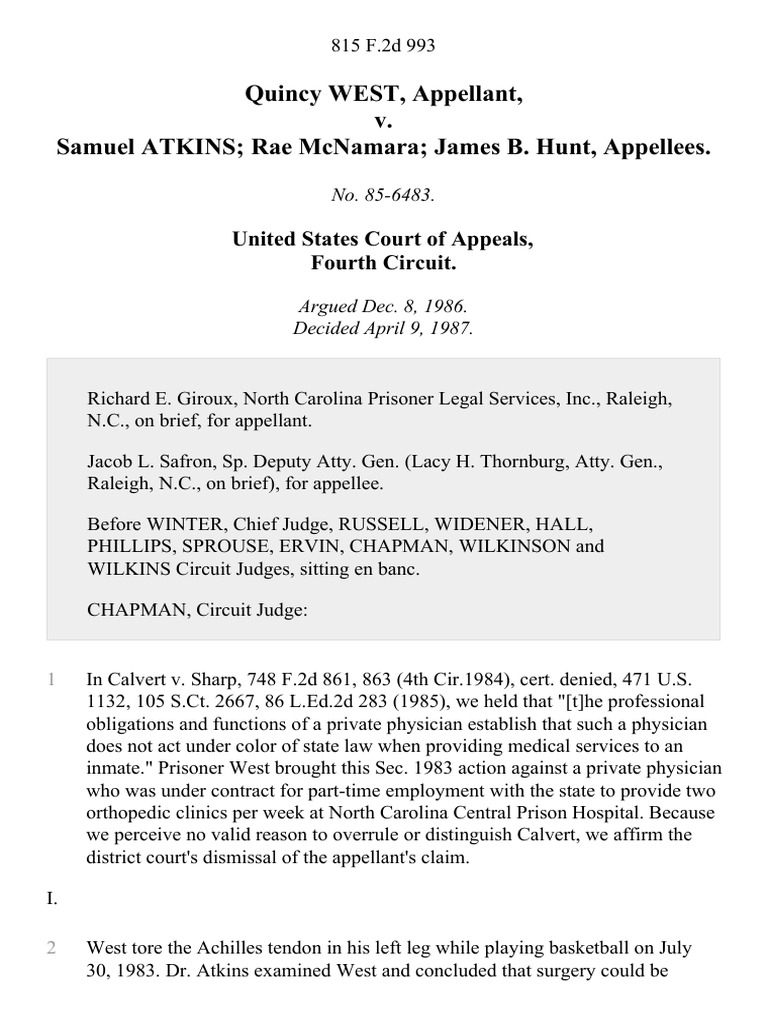 Quincy West v. Samuel Atkins Rae McNamara James B. Hunt, 815 F.2d 993 ...
