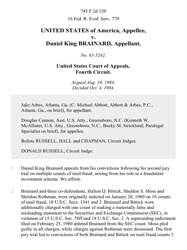 United States v. Daniel King Brainard, 745 F.2d 320, 4th Cir. (1984 ...