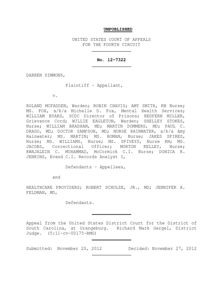 Darren Simmons v. Shelley Stokes, 4th Cir. (2012) | PDF | Self-Improvement