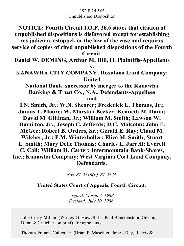 Daniel W. Deming, Arthur M. Hill, II v. Kanawha City Company Roxalana ...