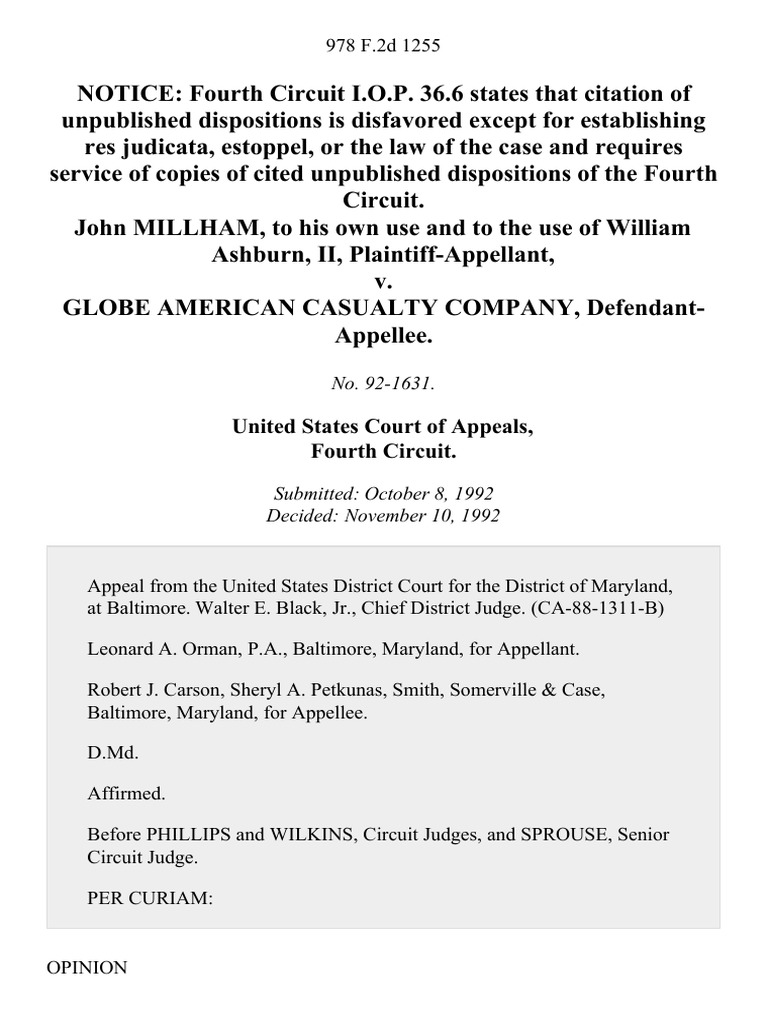Millham v. Globe American Casualty Appeal | PDF