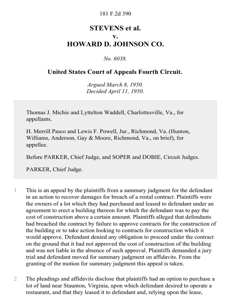 Stevens v. Howard D. Johnson Co, 181 F.2d 390, 4th Cir. (1950) | PDF ...