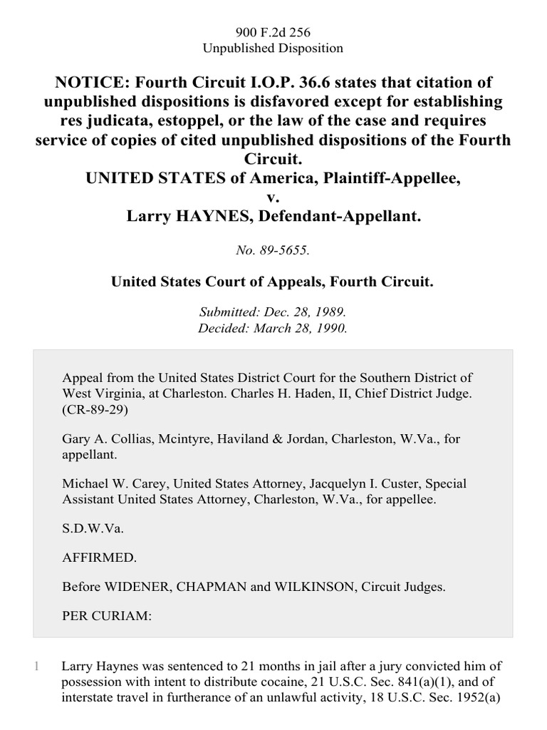 United States v. Larry Haynes, 900 F.2d 256, 4th Cir. (1990) | PDF