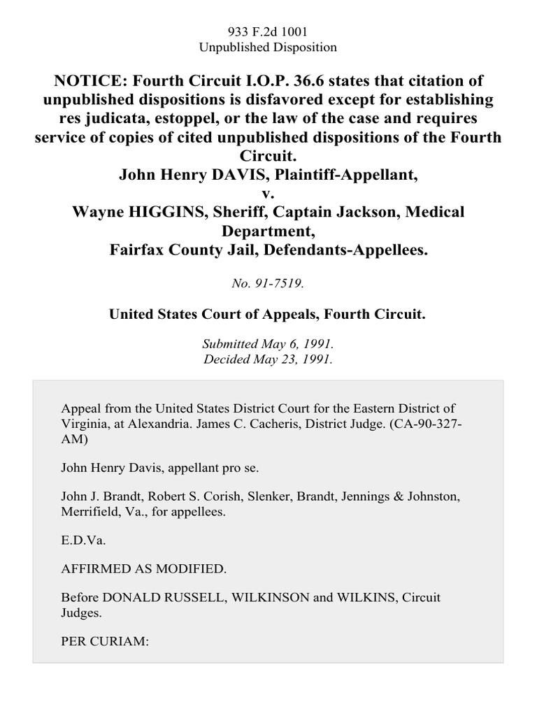 John Henry Davis v. Wayne Higgins, Sheriff, Captain Jackson, Medical Department, Fairfax County ...