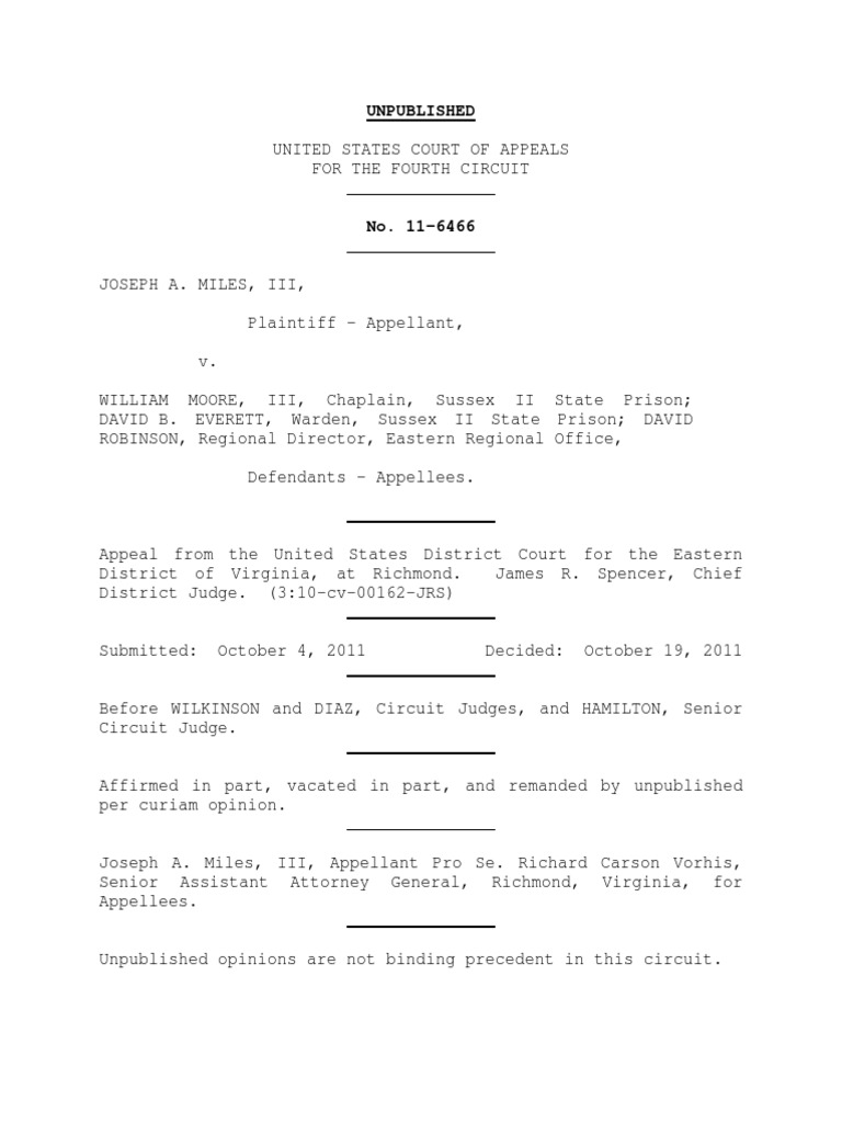 Joseph Miles, III v. William Moore, III, 4th Cir. (2011) | PDF | Appeal ...