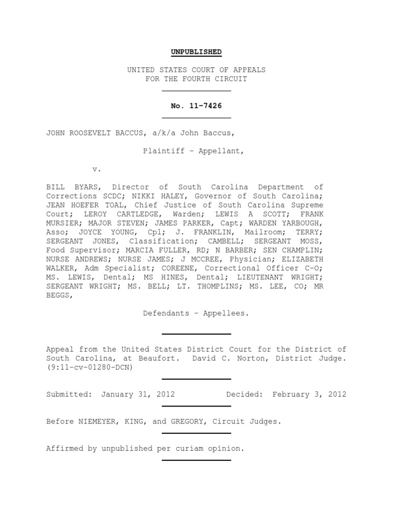 John Baccus v. Bill Byars, 4th Cir. (2012) | PDF