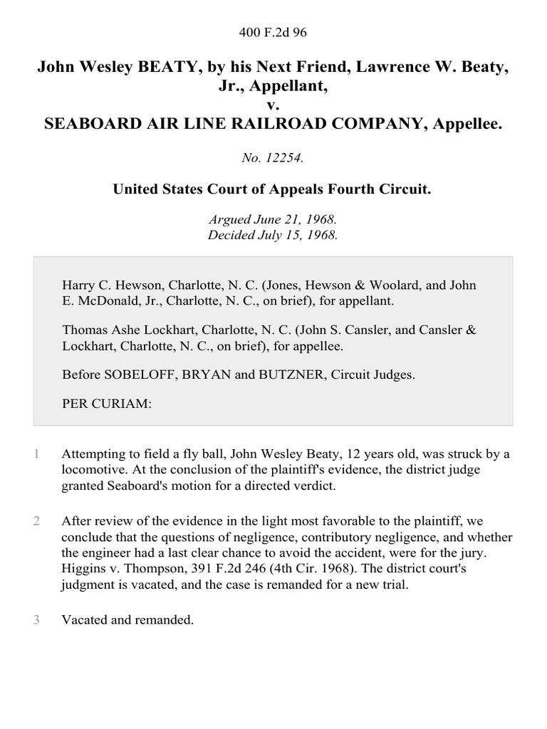 John Wesley Beaty, by His Next Friend, Lawrence W. Beaty, Jr. v. Seaboard Air Line Railroad ...