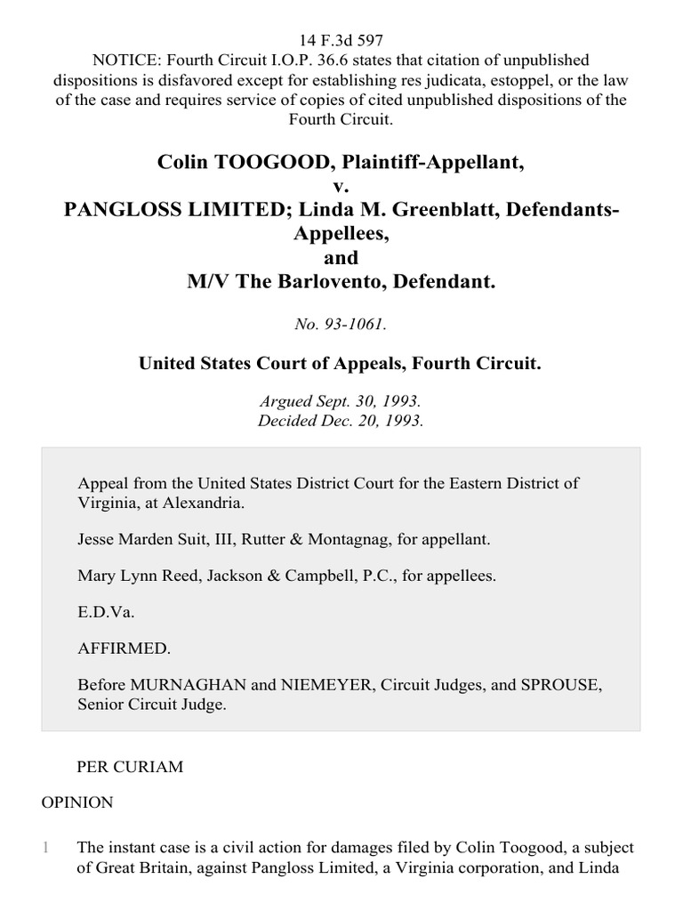 Colin Toogood v. Pangloss Limited Linda M. Greenblatt, and M/V The ...