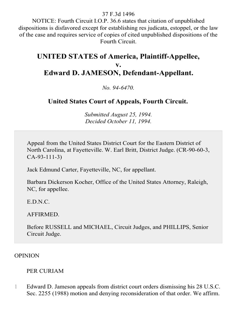 United States v. Edward D. Jameson, 37 F.3d 1496, 4th Cir. (1994) | PDF