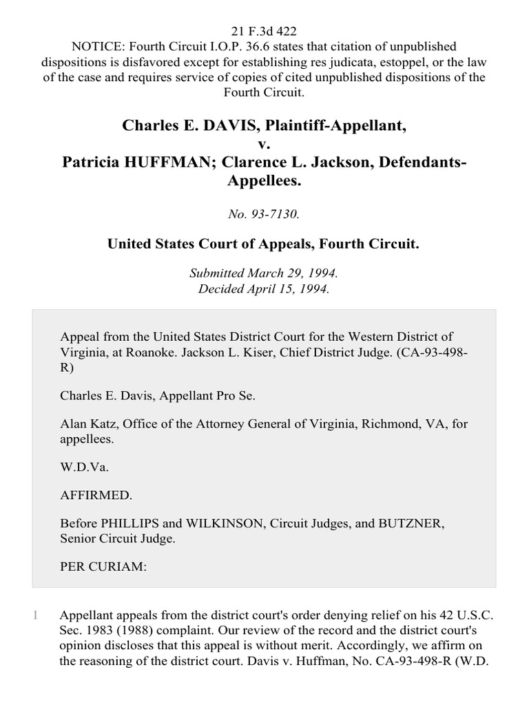 Charles E. Davis v. Patricia Huffman Clarence L. Jackson, 21 F.3d 422 ...