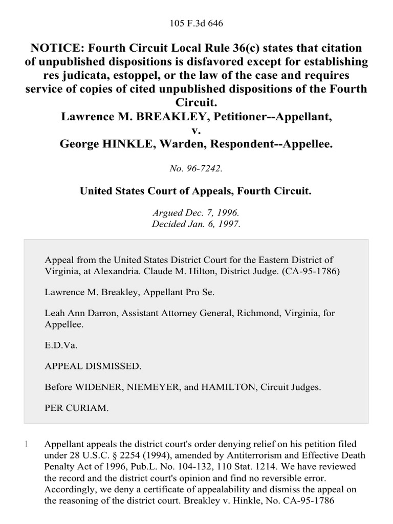 Lawrence M. Breakley v. George Hinkle, Warden, 105 F.3d 646, 4th Cir ...