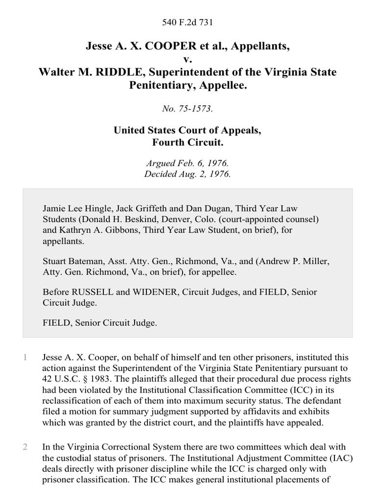 Jesse A. X. Cooper v. Walter M. Riddle, Superintendent of The Virginia ...