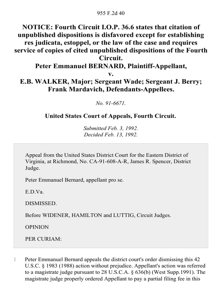 Peter Emmanuel Bernard v. E.B. Walker, Major Sergeant Wade Sergeant J ...