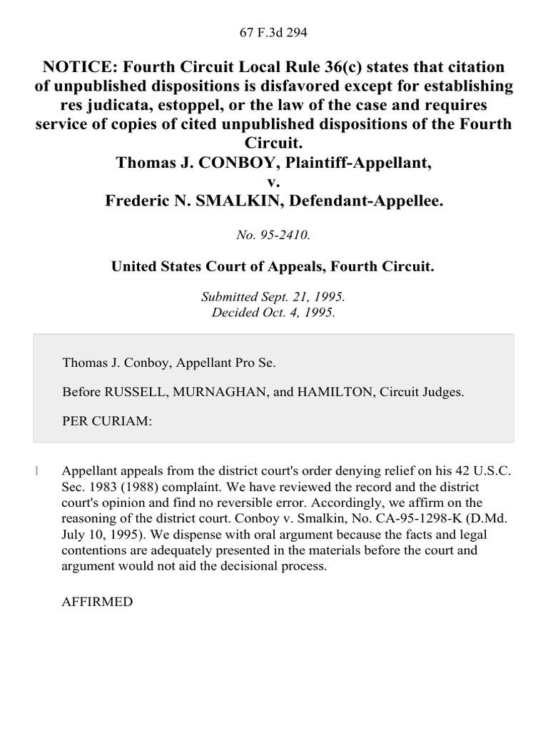 Thomas J. Conboy v. Frederic N. Smalkin, 67 F.3d 294, 4th Cir. (1995 ...