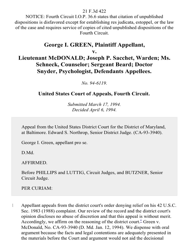 George I. Green v. Lieutenant McDonald Joseph P. Sacchet, Warden Ms ...