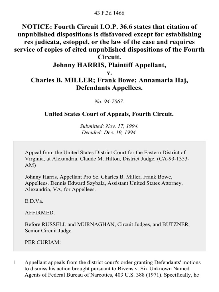 Johnny Harris v. Charles B. Miller Frank Bowe Annamaria Haj, 43 F.3d ...