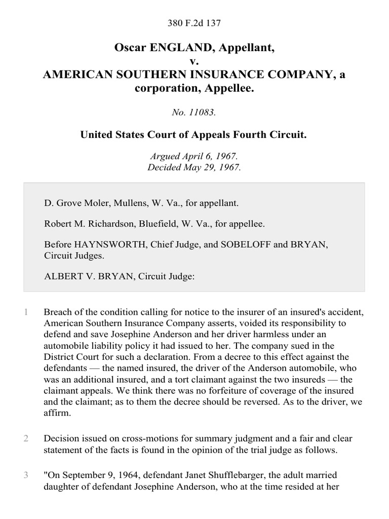 Oscar England v. American Southern Insurance Company, A Corporation ...