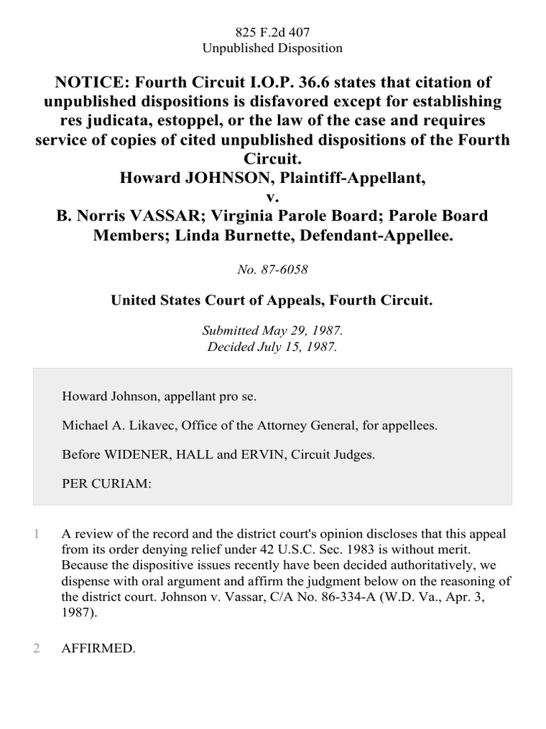Howard Johnson v. B. Norris Vassar Virginia Parole Board Parole Board Members Linda Burnette ...