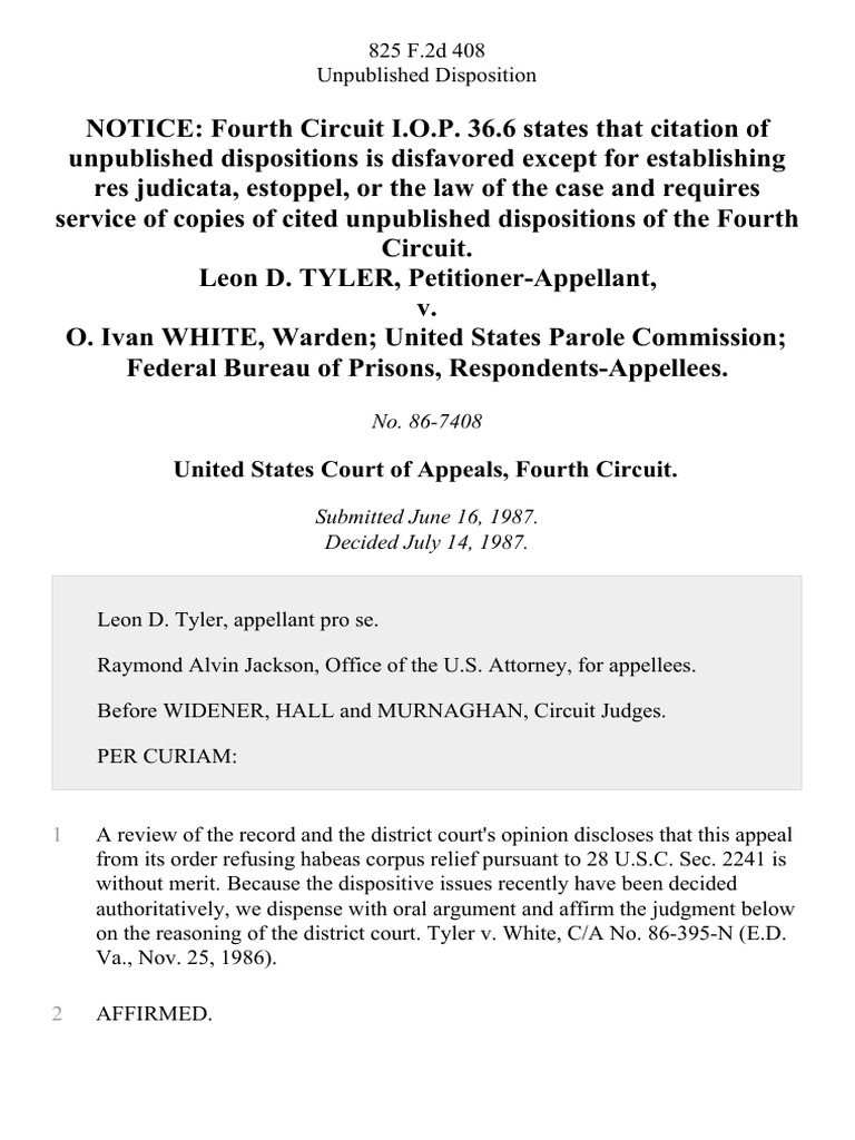 Leon D. Tyler v. O. Ivan White, Warden United States Parole Commission ...