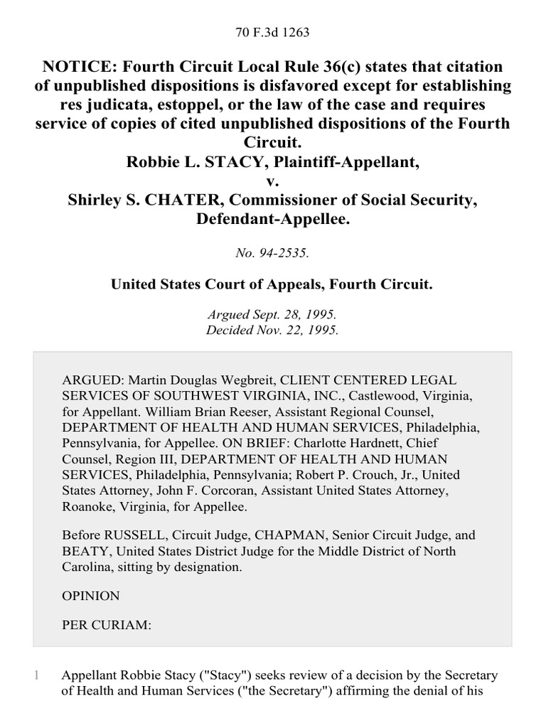 Robbie L. Stacy v. Shirley S. Chater, Commissioner of Social Security ...