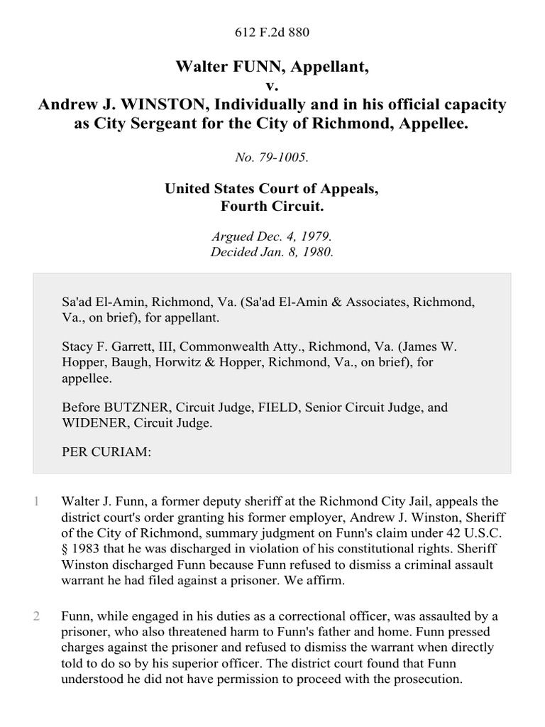 Walter Funn v. Andrew J. Winston, Individually and in His Official ...