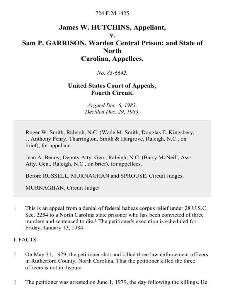 James W. Hutchins v. Sam P. Garrison, Warden Central Prison and State ...