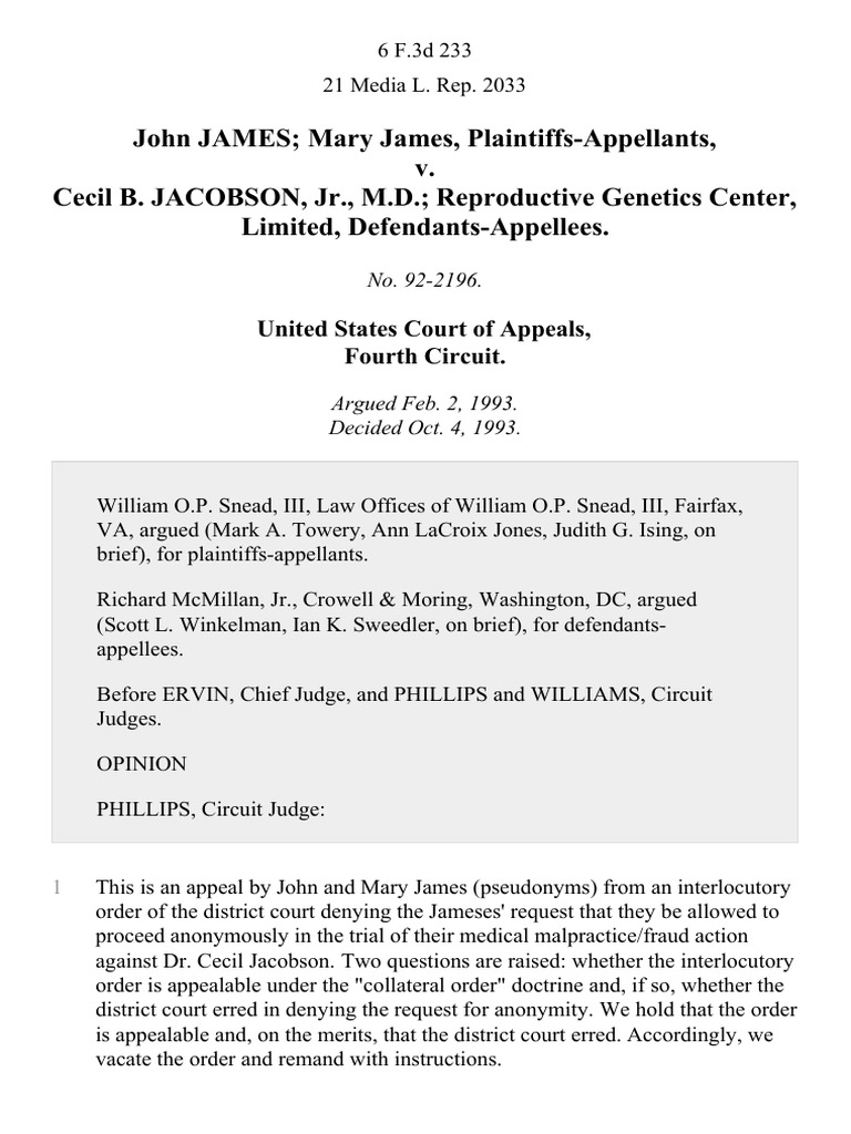 John James Mary James v. Cecil B. Jacobson, JR., M.D. Reproductive ...
