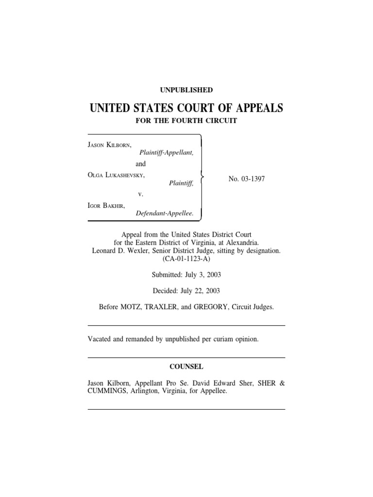 Kilborn v. Bakhir, 4th Cir. (2003) | PDF | United States Magistrate ...