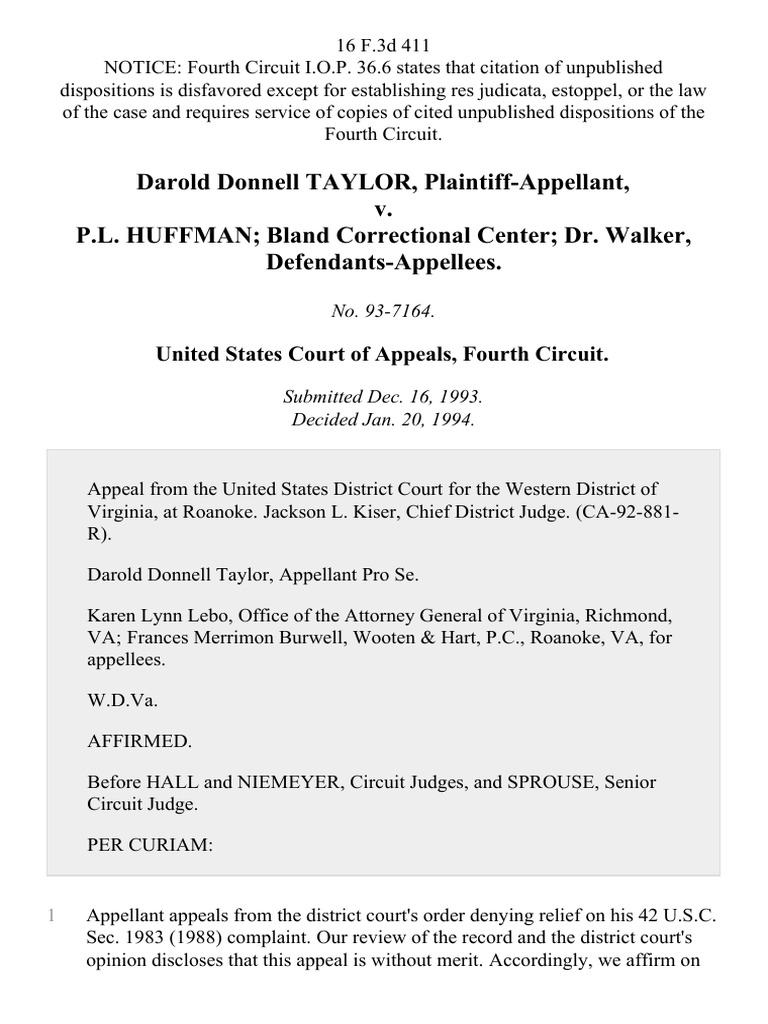 Darold Donnell Taylor v. P.L. Huffman Bland Correctional Center Dr ...