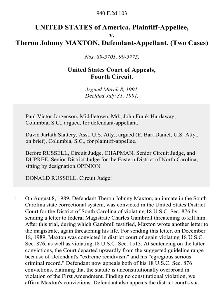 United States v. Theron Johnny Maxton, (Two Cases), 940 F.2d 103, 4th ...