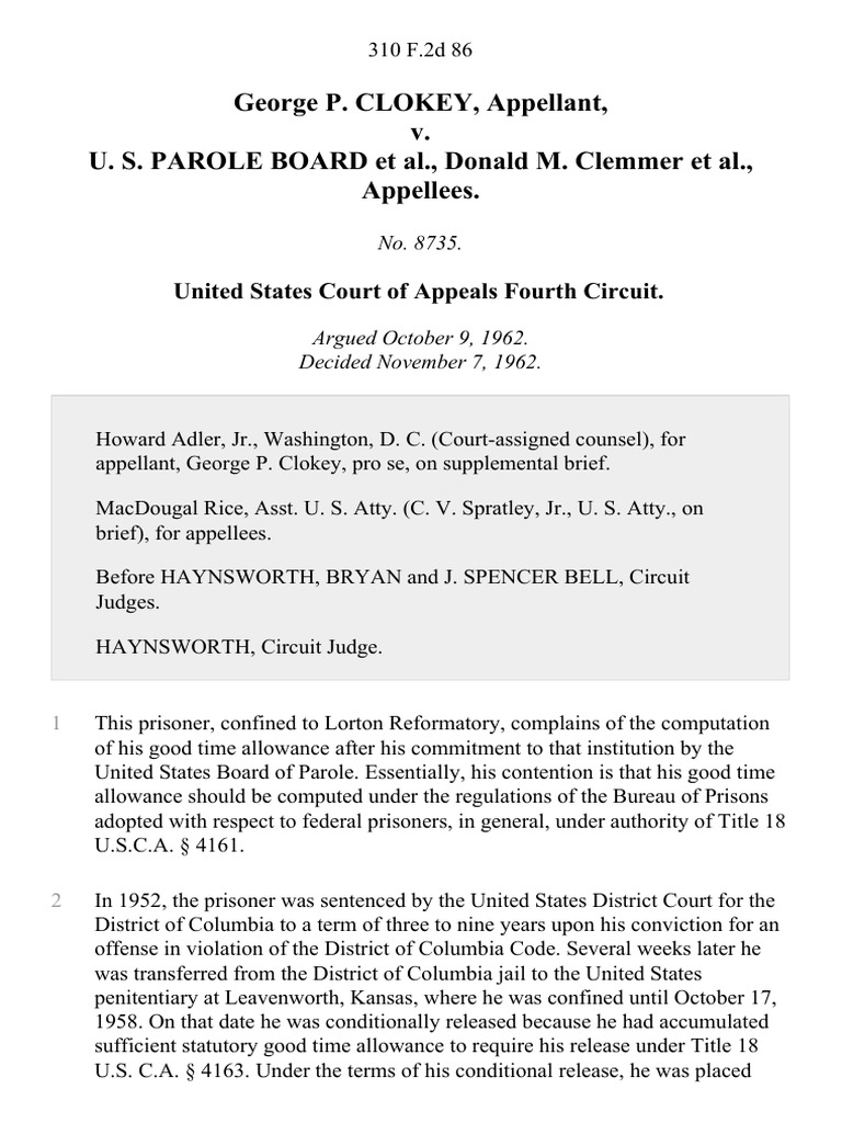 George P. Clokey v. U. S. Parole Board, Donald M. Clemmer, 310 F.2d 86 ...