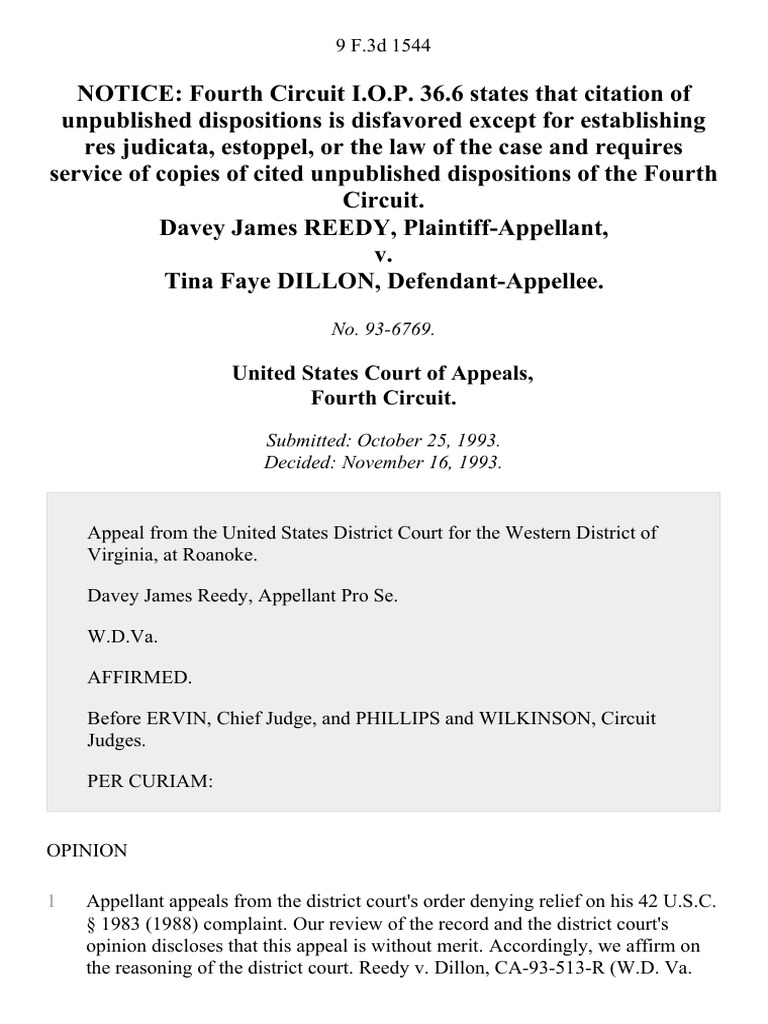 Davey James Reedy v. Tina Faye Dillon, 9 F.3d 1544, 4th Cir. (1993) | PDF