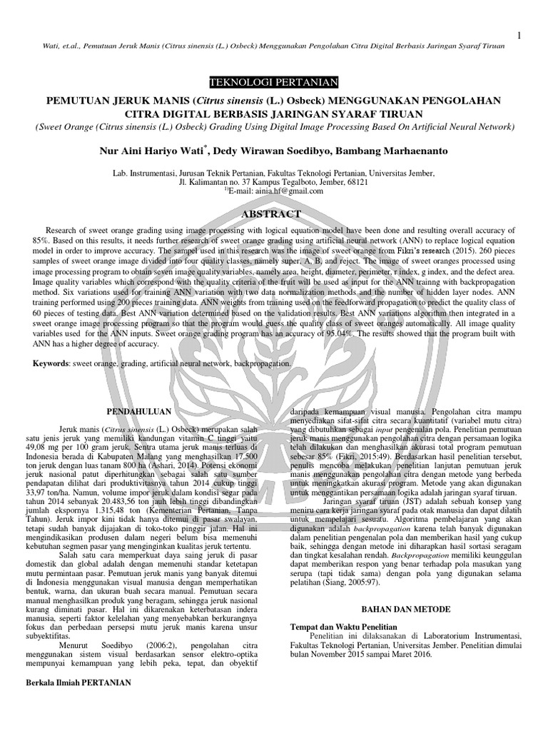 Pemutuan Jeruk Manis Menggunakan Pengolahan Citra Digital Berbasis JST | PDF | Teknologi & Rekayasa