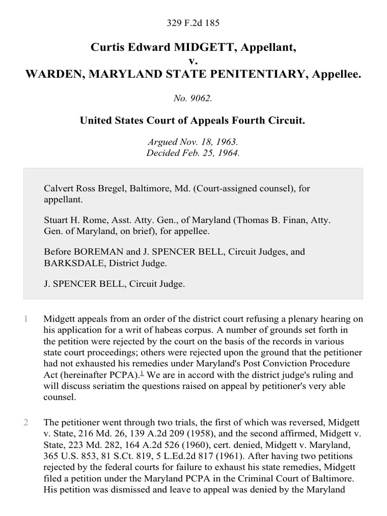 Curtis Edward Midgett v. Warden, Maryland State Penitentiary, 329 F.2d ...