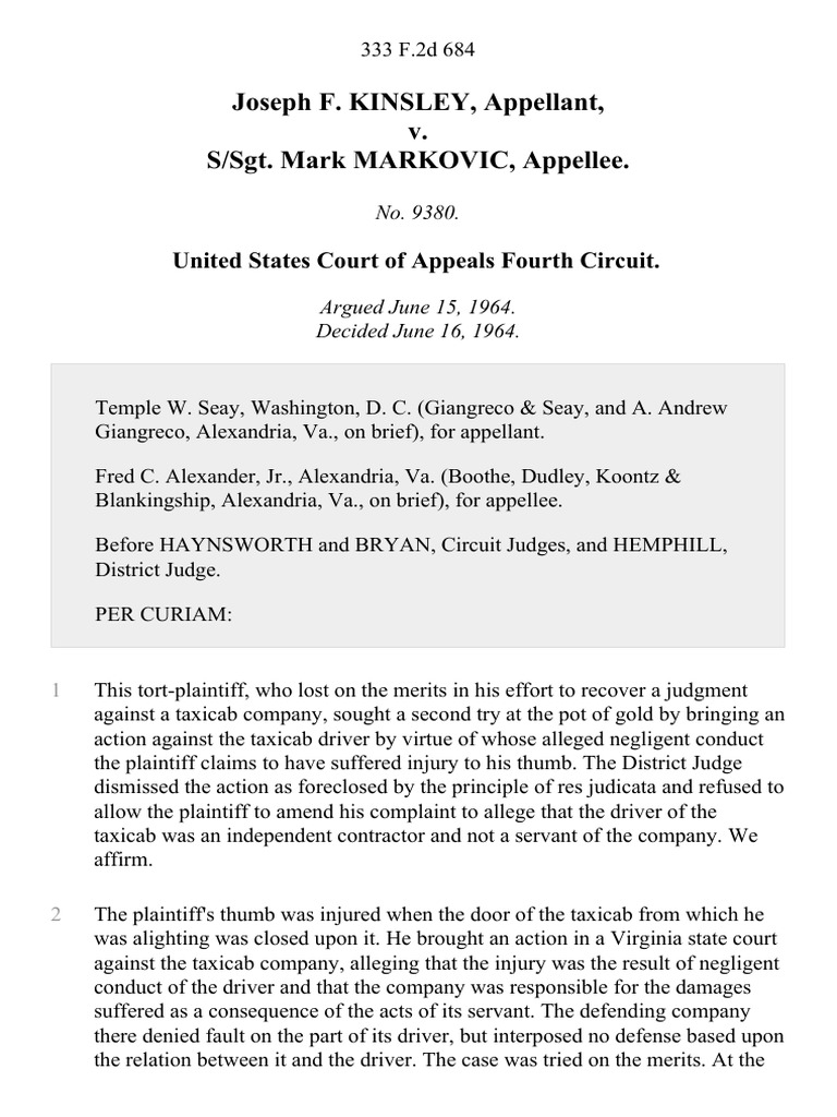 Joseph F. Kinsley v. S/sgt. Mark Markovic, 333 F.2d 684, 4th Cir. (1964 ...