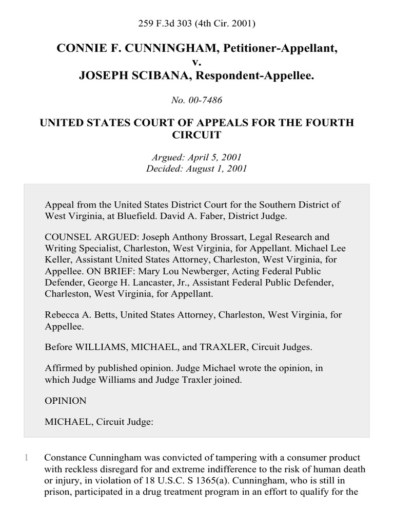 Connie F. Cunningham v. Joseph Scibana, 259 F.3d 303, 4th Cir. (2001) | PDF | Federal Bureau Of ...