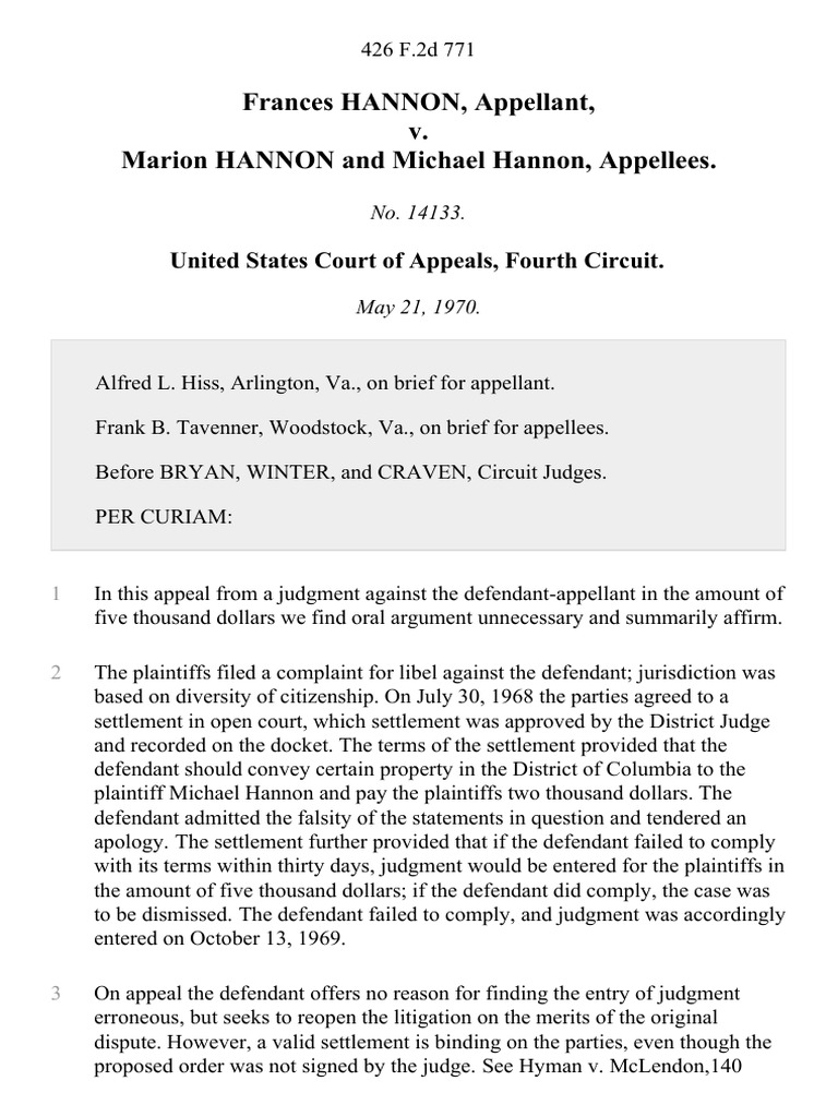 Frances Hannon v. Marion Hannon and Michael Hannon, 426 F.2d 771, 4th ...